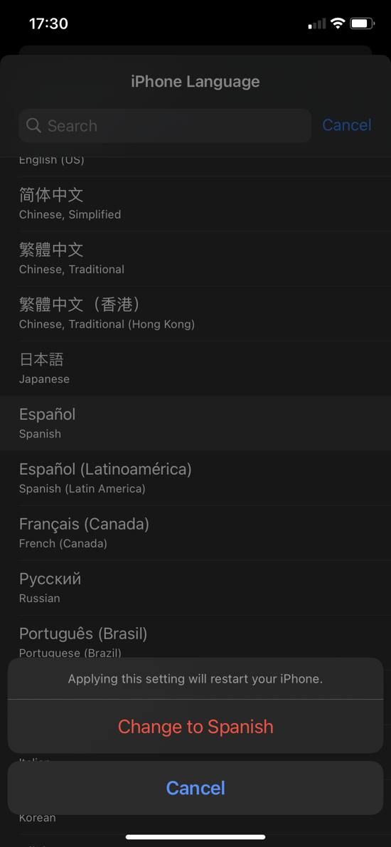 Changing the language on your device