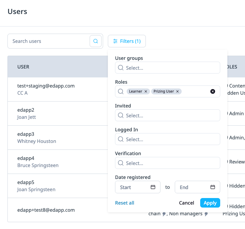 Managing users from the User list page