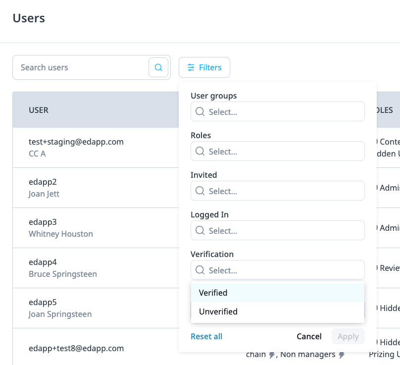 Managing users from the User list page