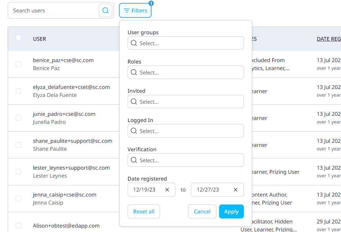 Managing users from the User List page