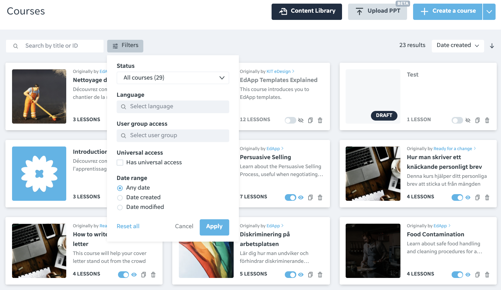 Course Library Search, Filters & Sorting